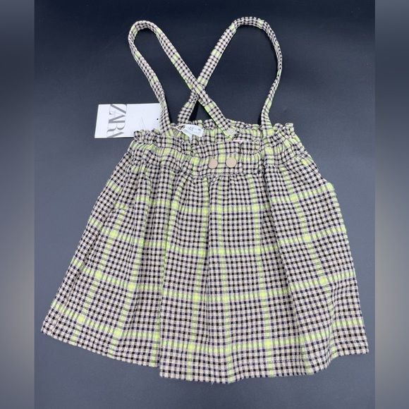 Zara | Bottoms | Zara Girls 23t Neon Green Black Plaid Suspenders Skirt ...